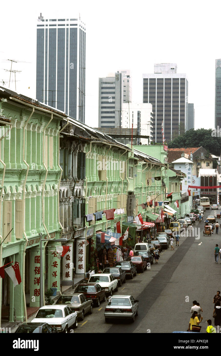 Singapore Smith Street Chinatown Old houses dwarfed by modern buildings ...