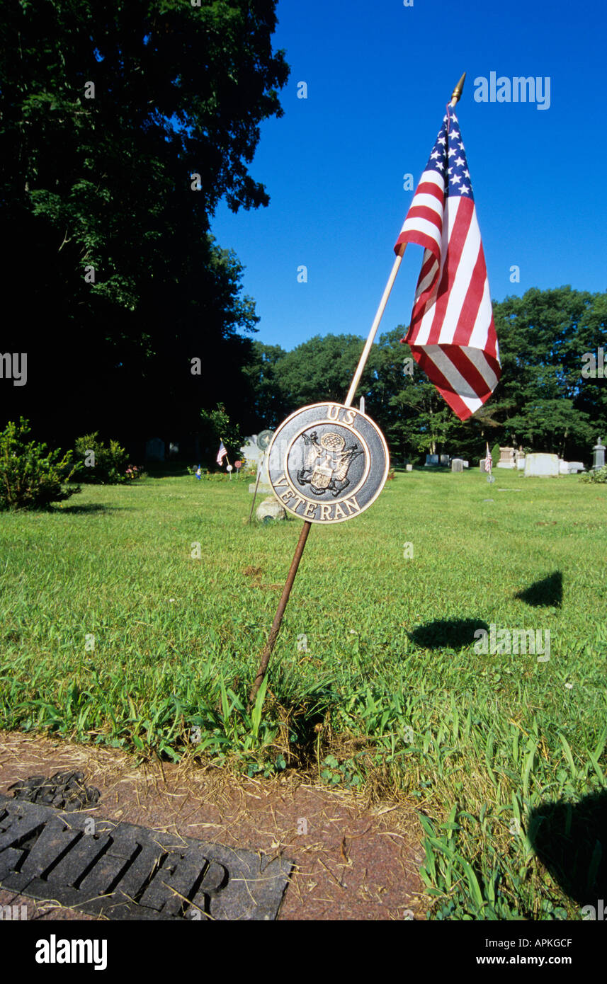 American flag in an Scenic New England Graveyard USA vertical Stock ...