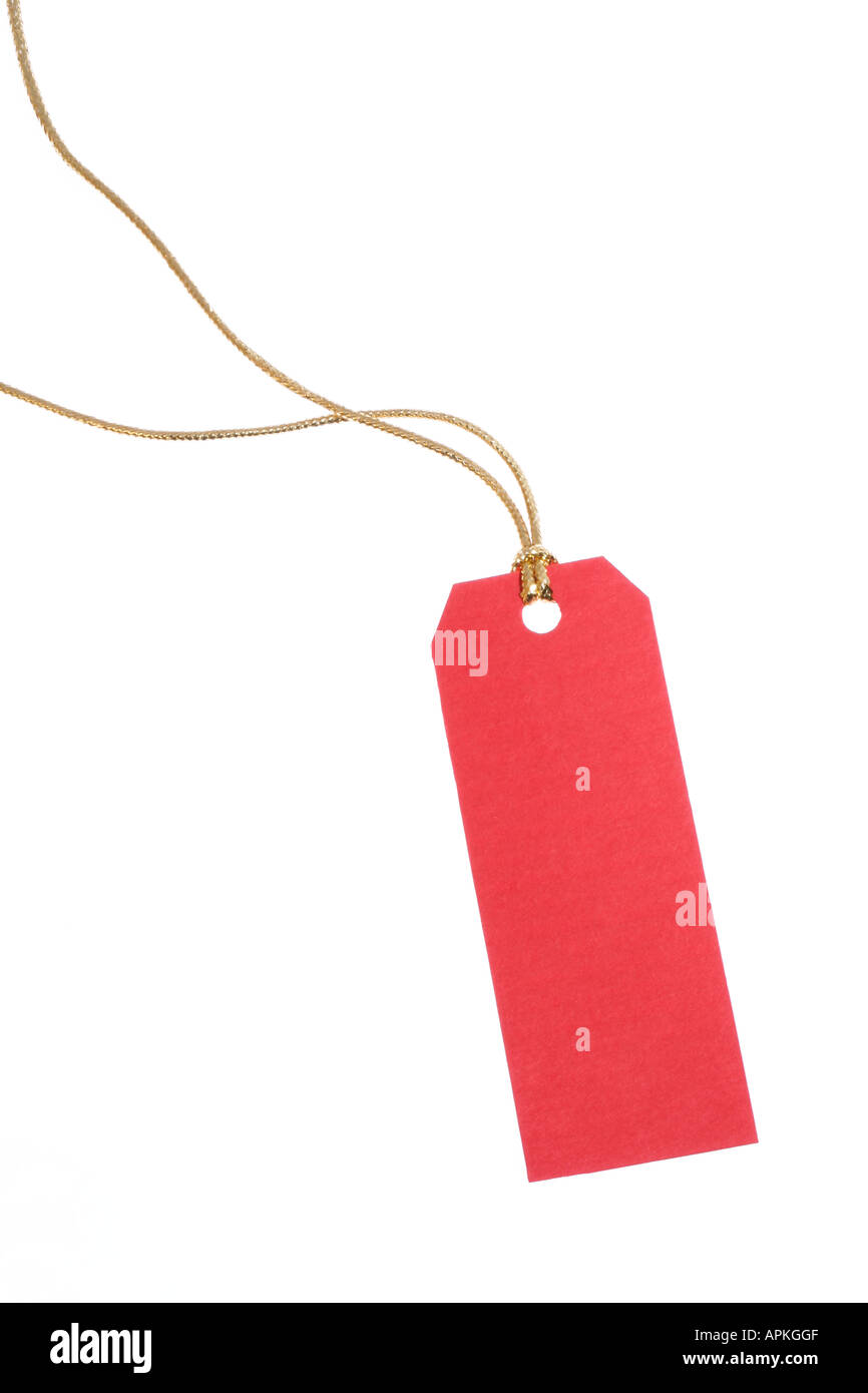 Red gift tag with golden rope against white background Stock Photo - Alamy