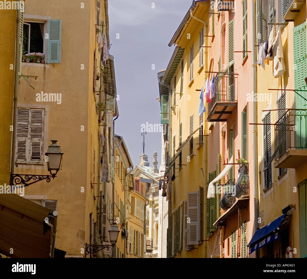 Typical narrow street in the old town area, Nice, FRANCE Stock Photo ...