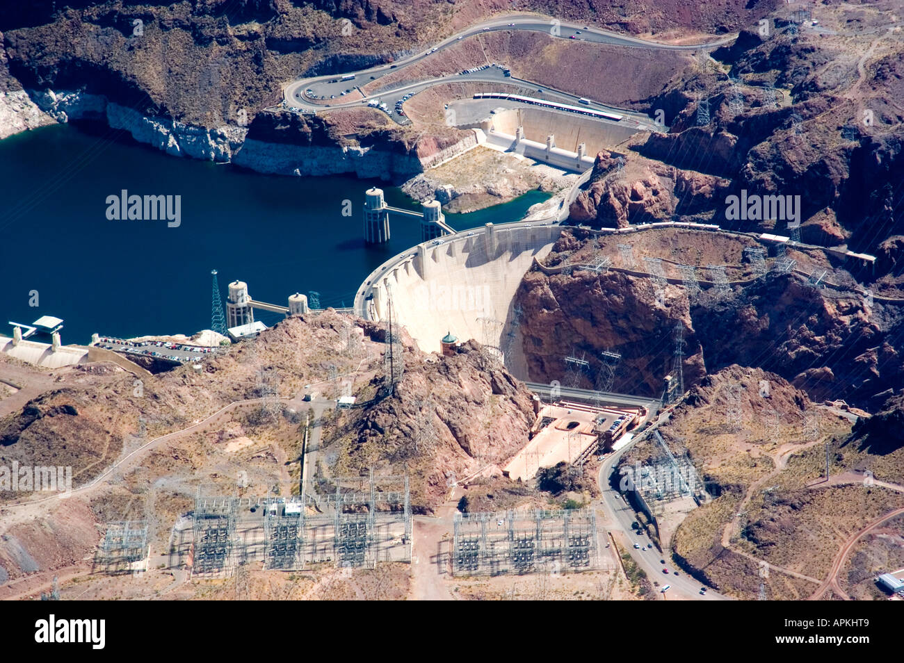 Aerial of Colorado River and Hoover Dam on border of Arizona AZ Nevada ...