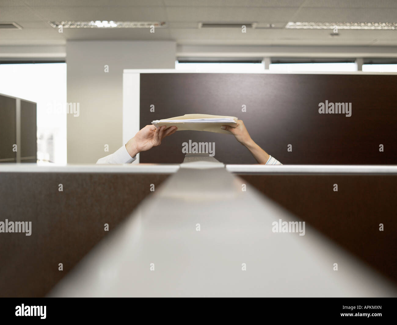 Two office workers passing files over partition wall Stock Photo - Alamy