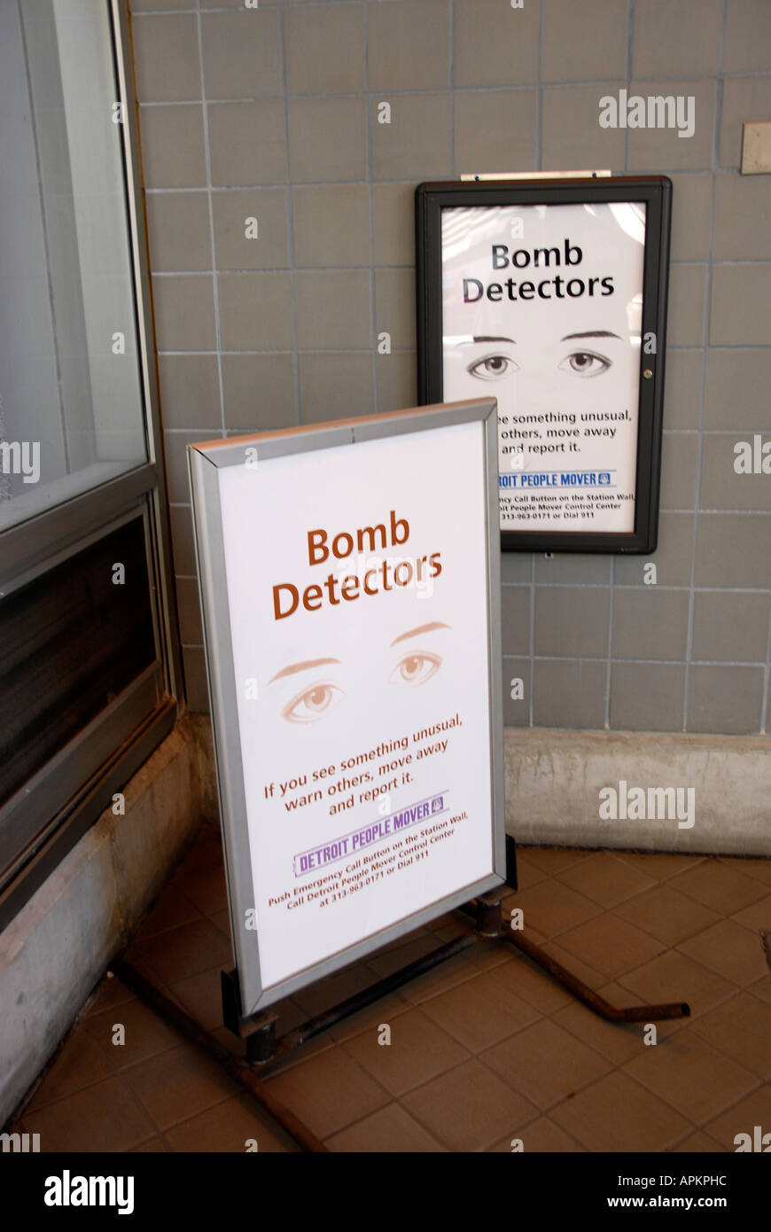Bomb Detector sign guarding the rapid transit system people mover in ...