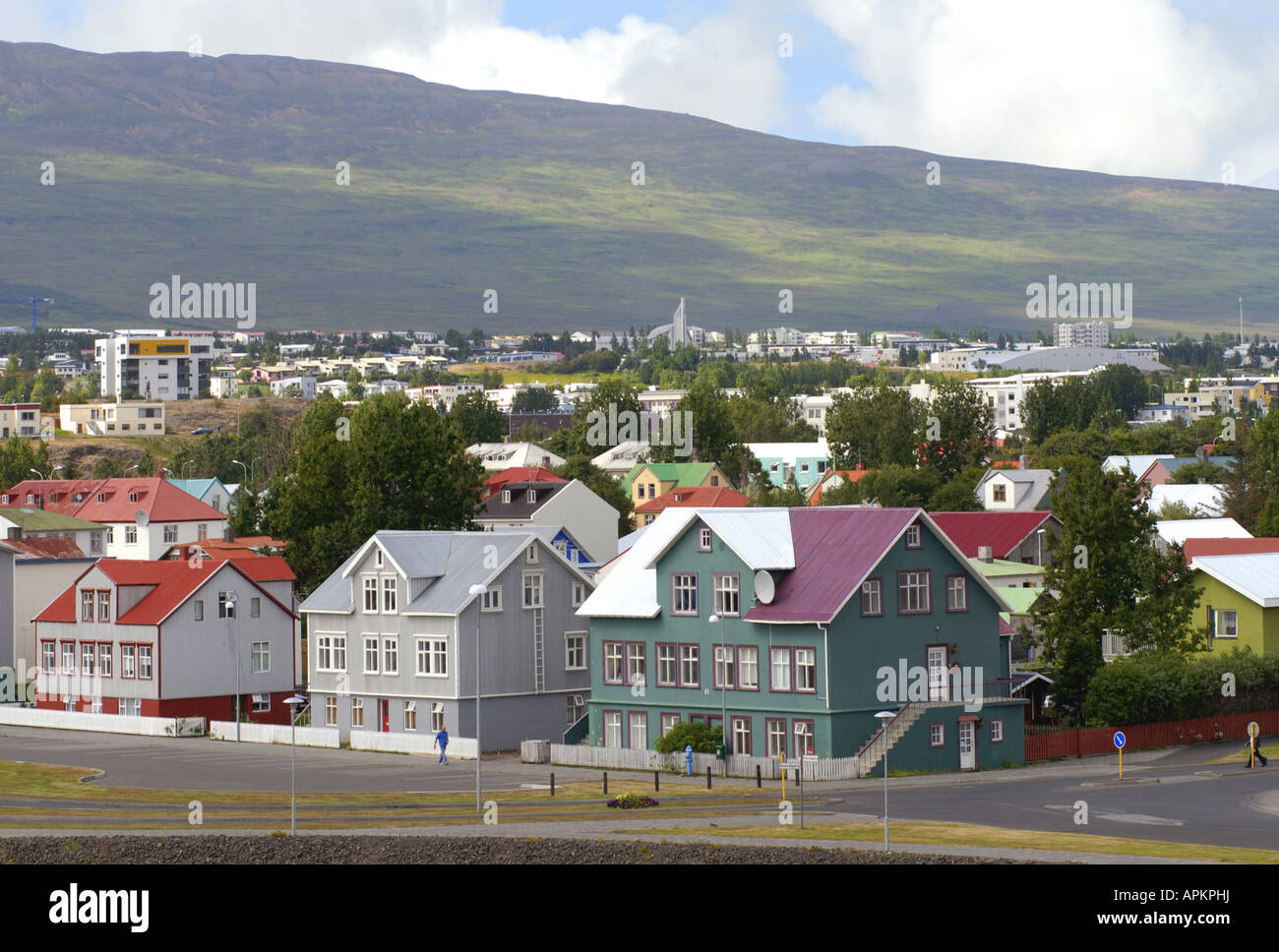 colourful wooden houses in the Harbour City of Akureyri in the northern ...