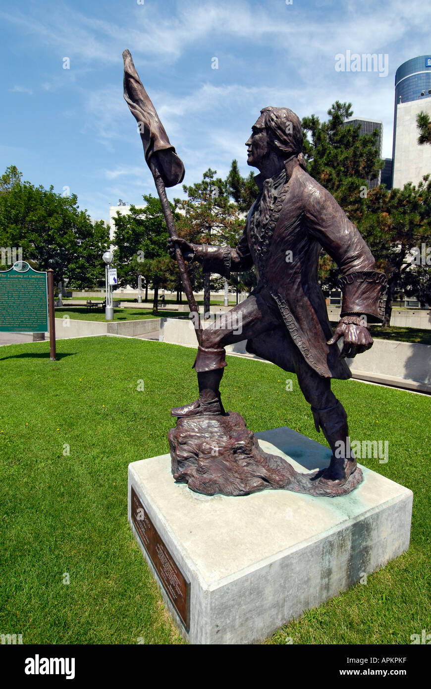 Statue of Antoine de LaMotte Cadillac founder of the city of Detroit ...