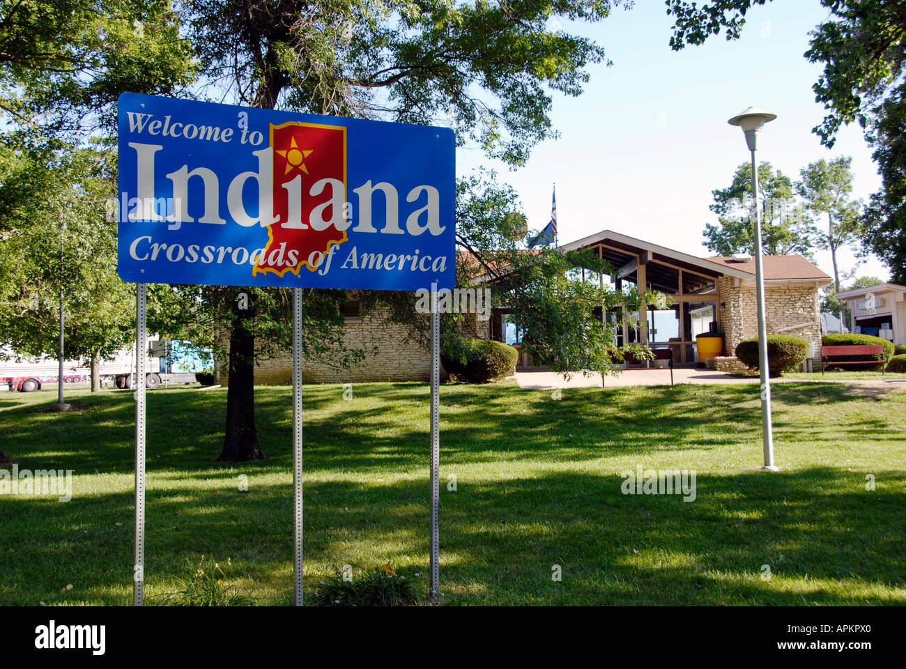 The state of Indiana official welcome road sign located in the welcome ...