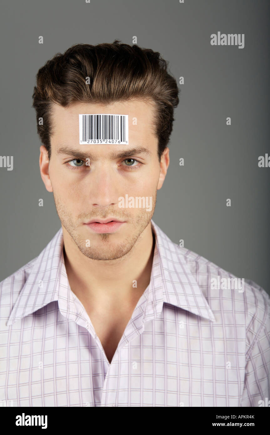 Man portrait with bar code on forehead Stock Photo - Alamy