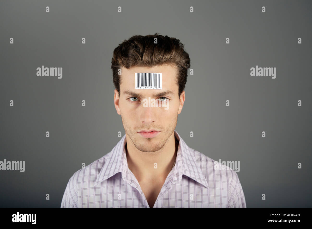 Man portrait with bar code on forehead Stock Photo - Alamy