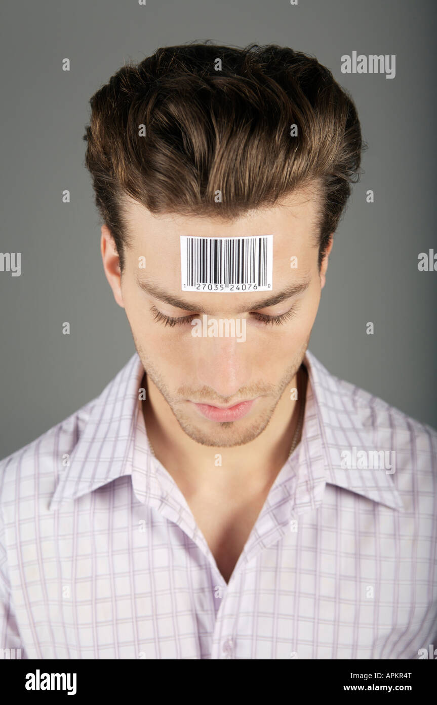 Man portrait with bar code on forehead Stock Photo - Alamy