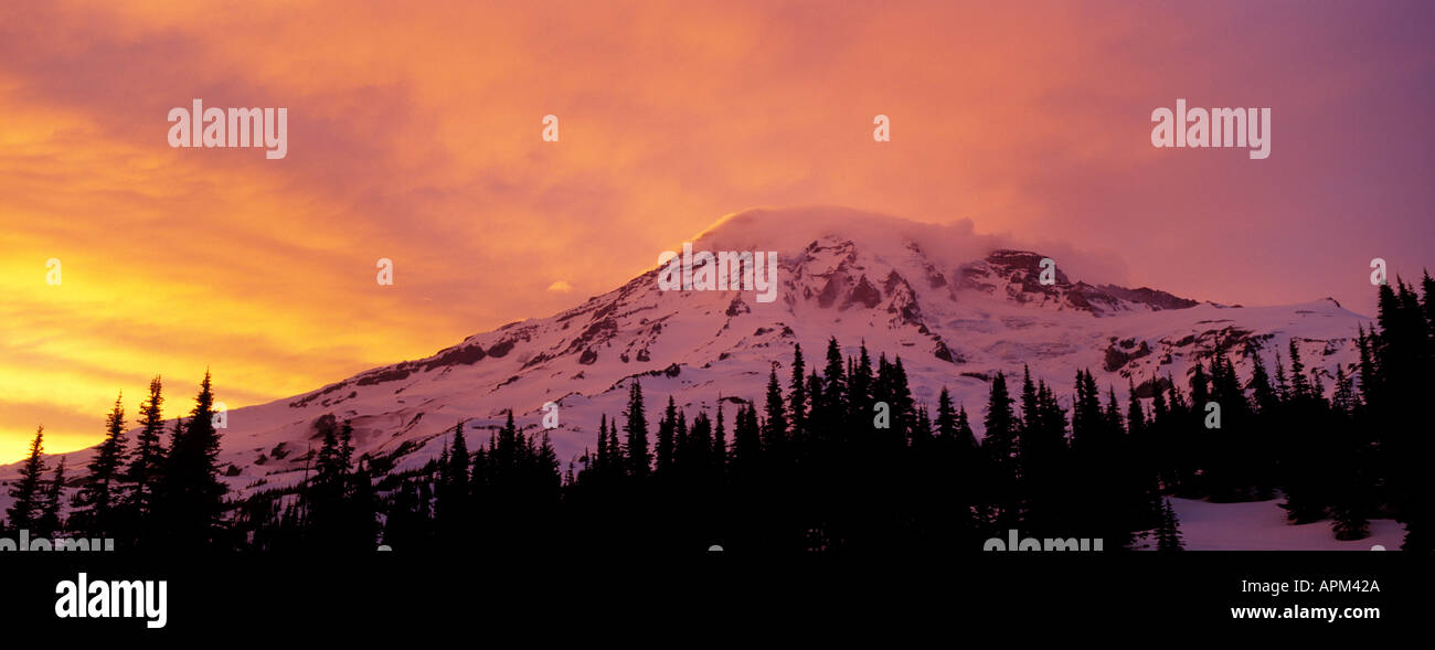Mount Rainier and clouds lit by sunset Mount Rainier National Park ...