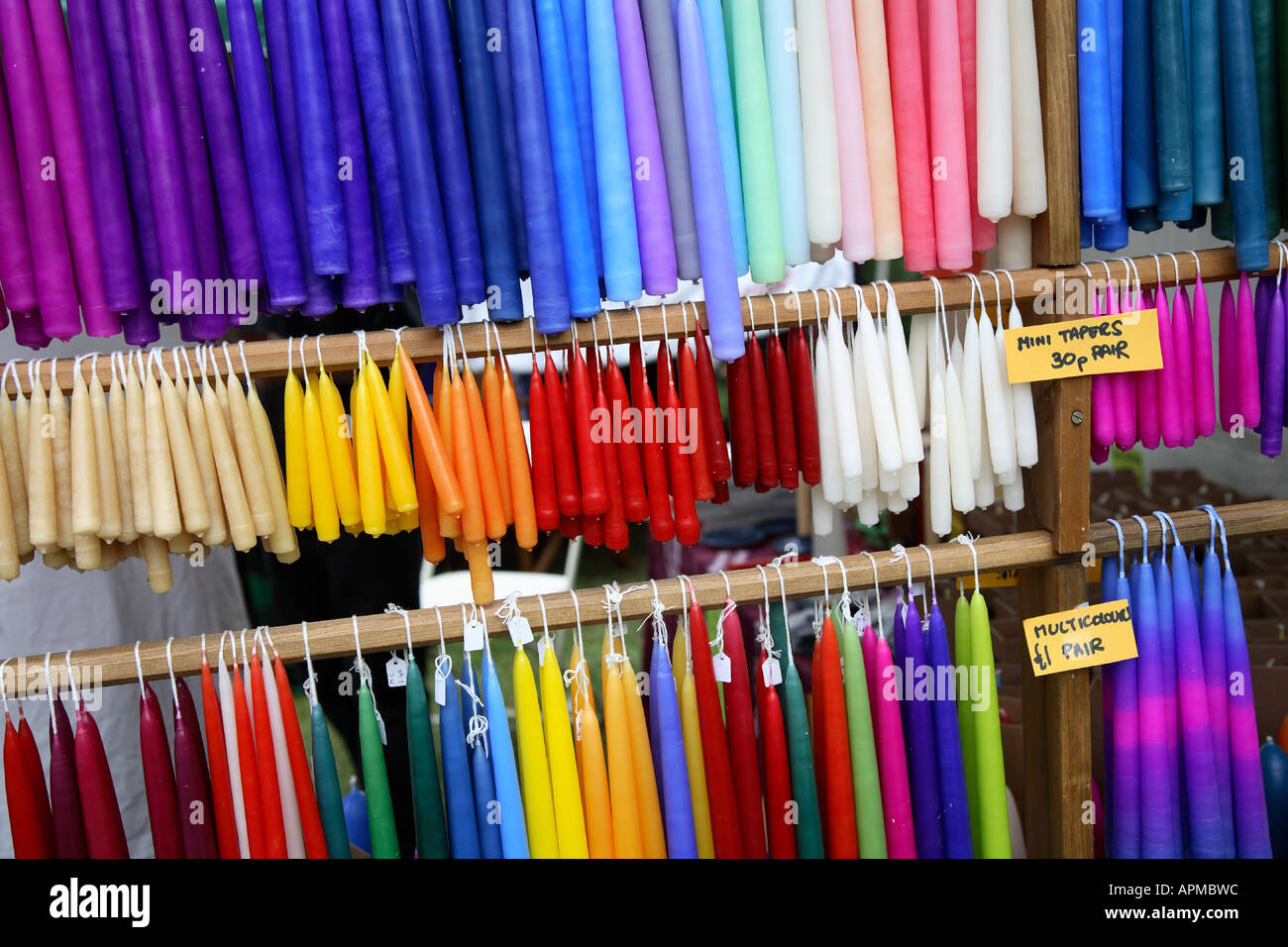 Colours of the Rainbow. Multi-coloured candles on display at Tarquair ...