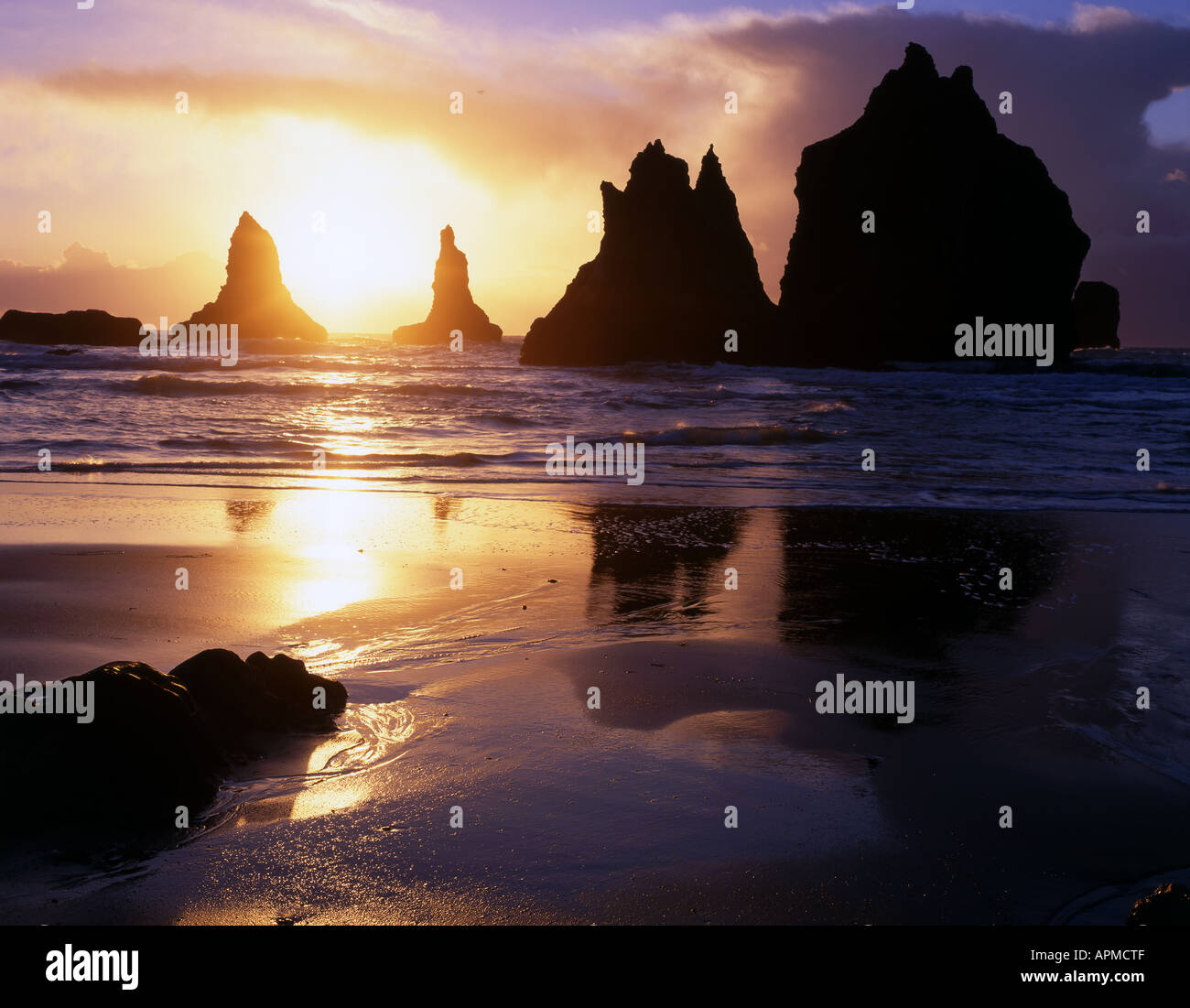 Sunset silhouettes the many offshore sea stacks in Oregon's Boardman ...