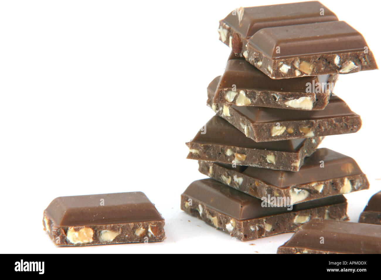 closeup chocolate pieces on stack with copy space isolated on white ...