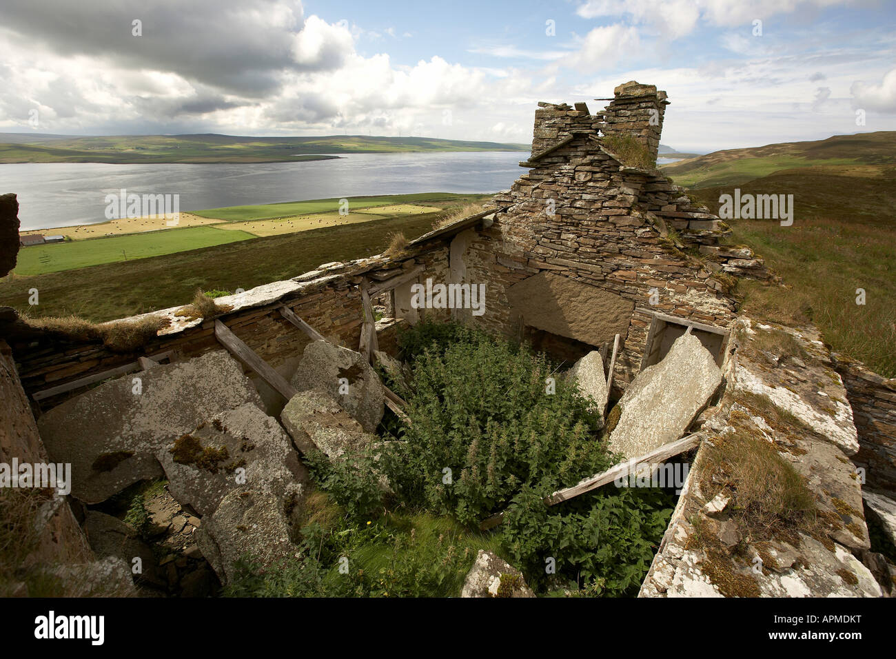 Deserted cottage over looking the Eynhallow Sound Rousay Orkney ...