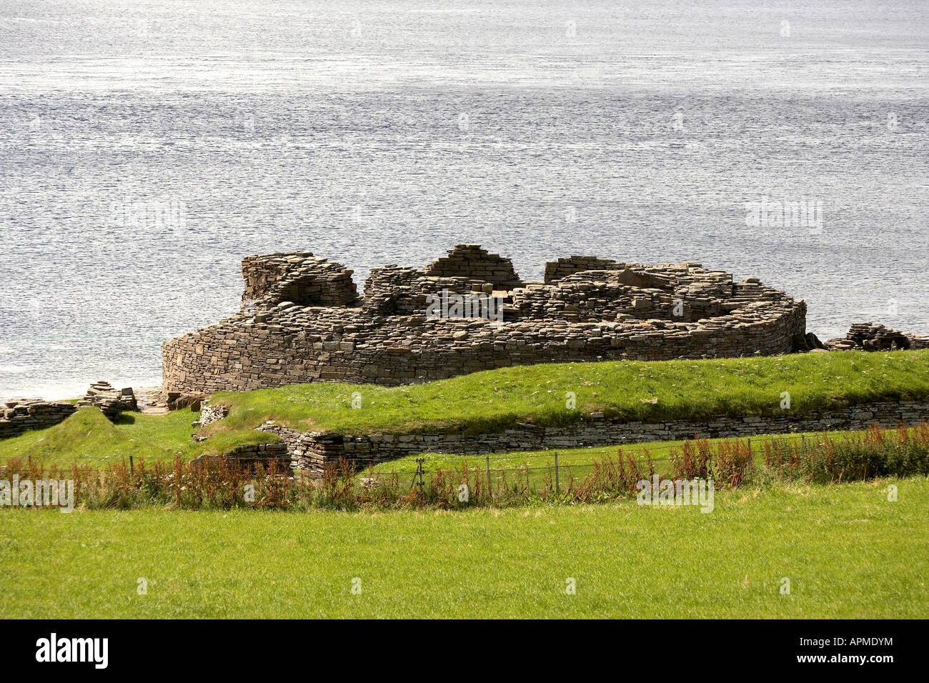 Midhowe Broch iron aged fortified stronghold facing Eynhallow Sound ...