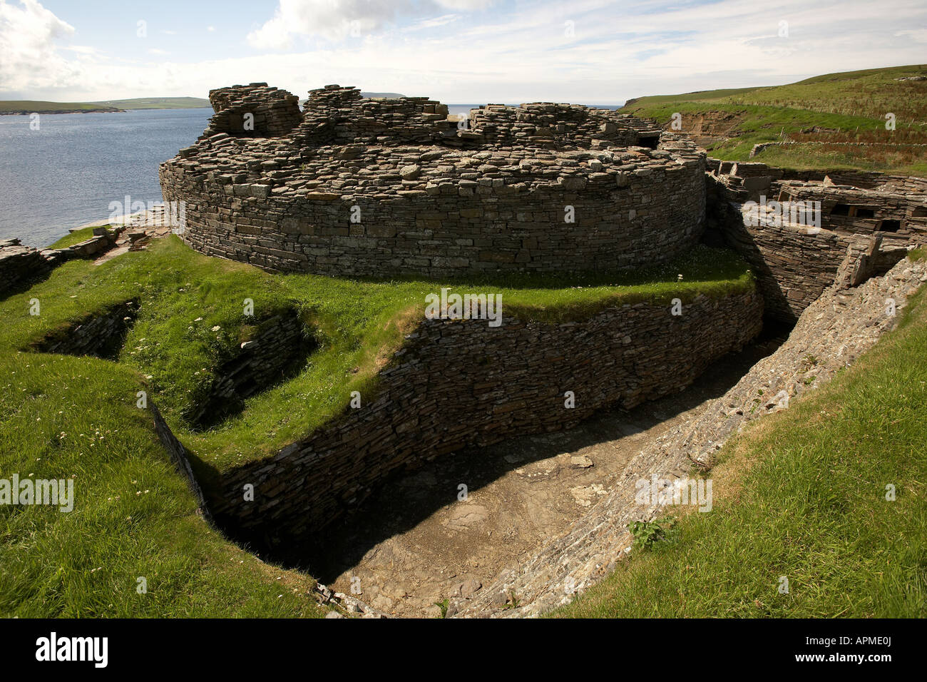 Midhowe Broch iron aged fortified stronghold facing Eynhallow Sound ...