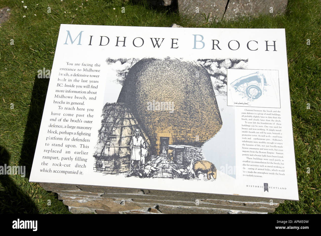 Information board at the Midhowe Broch iron aged fortified stronghold ...