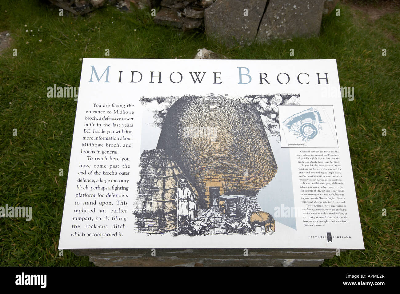 Information board at the Midhowe Broch iron aged fortified stronghold ...