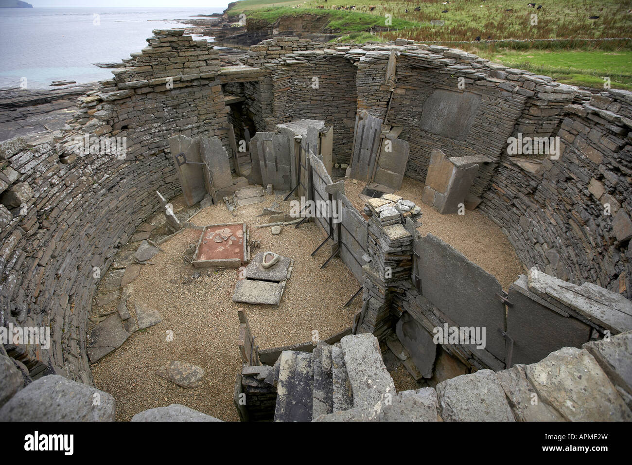 Midhowe Broch iron aged fortified stronghold facing Eynhallow Sound ...