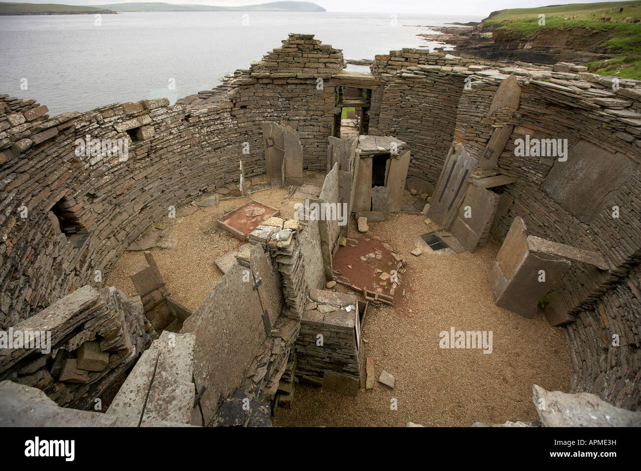 Midhowe Broch iron aged fortified stronghold facing Eynhallow Sound ...