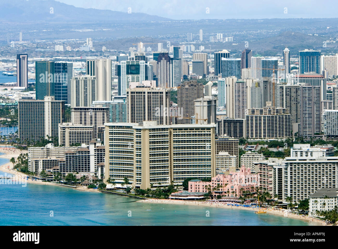 Waikiki Beach and Honolulu city center view from top of Diamond Head ...