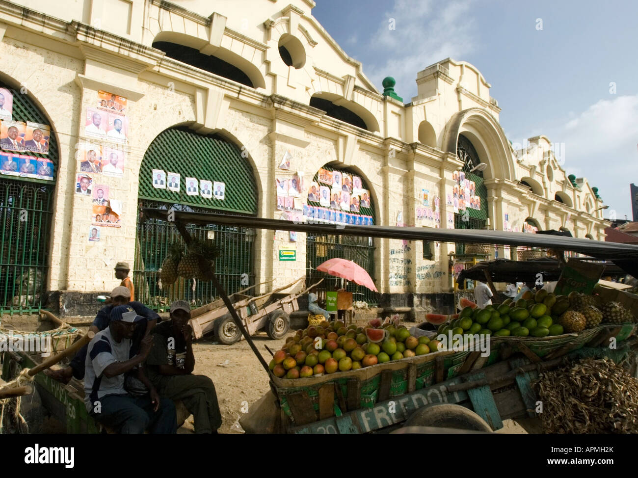 Mango and watermelon fruit stall outside large historic Makupa Market ...