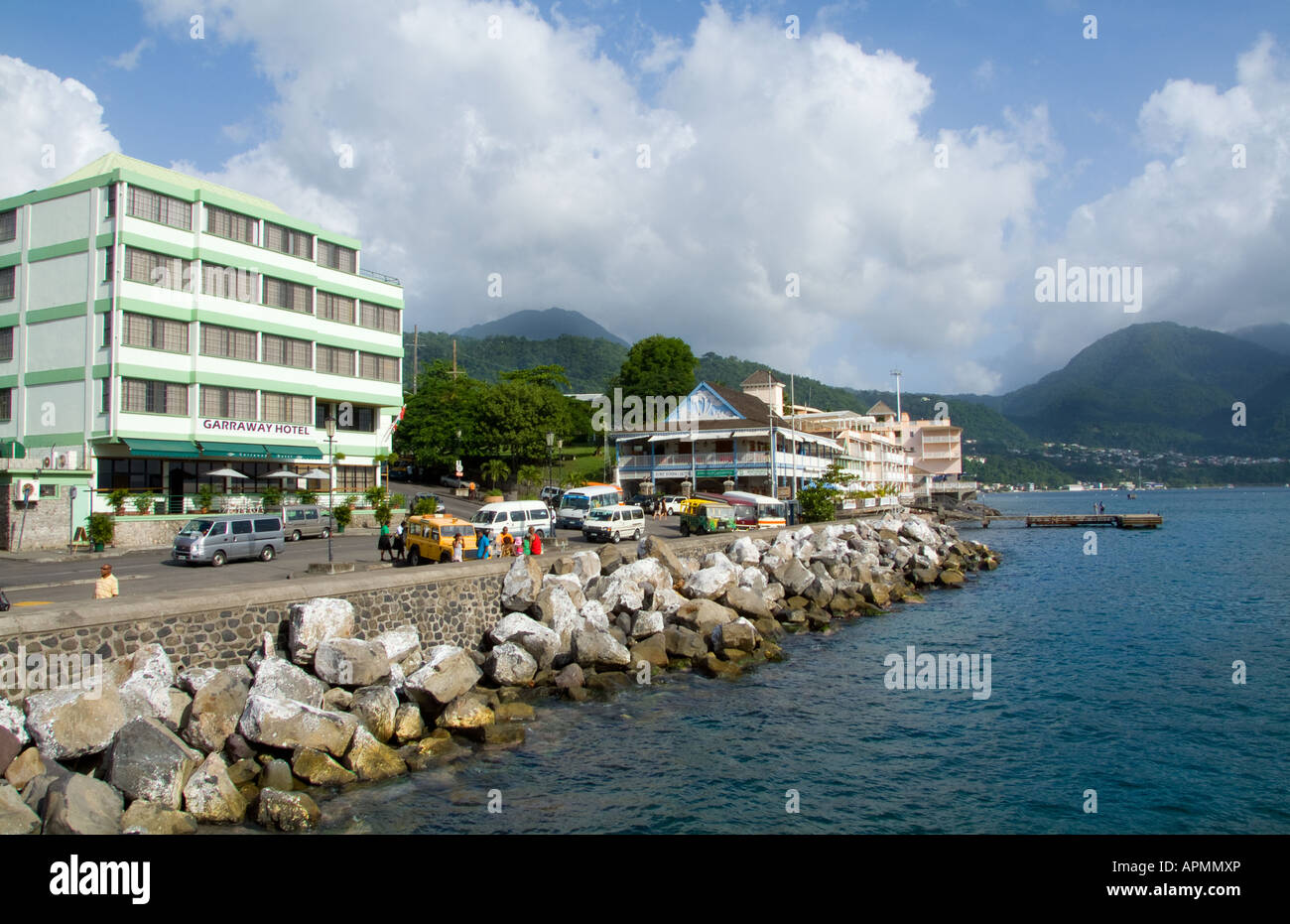 Modern port downtown of the capital city of Roseau in the country of ...