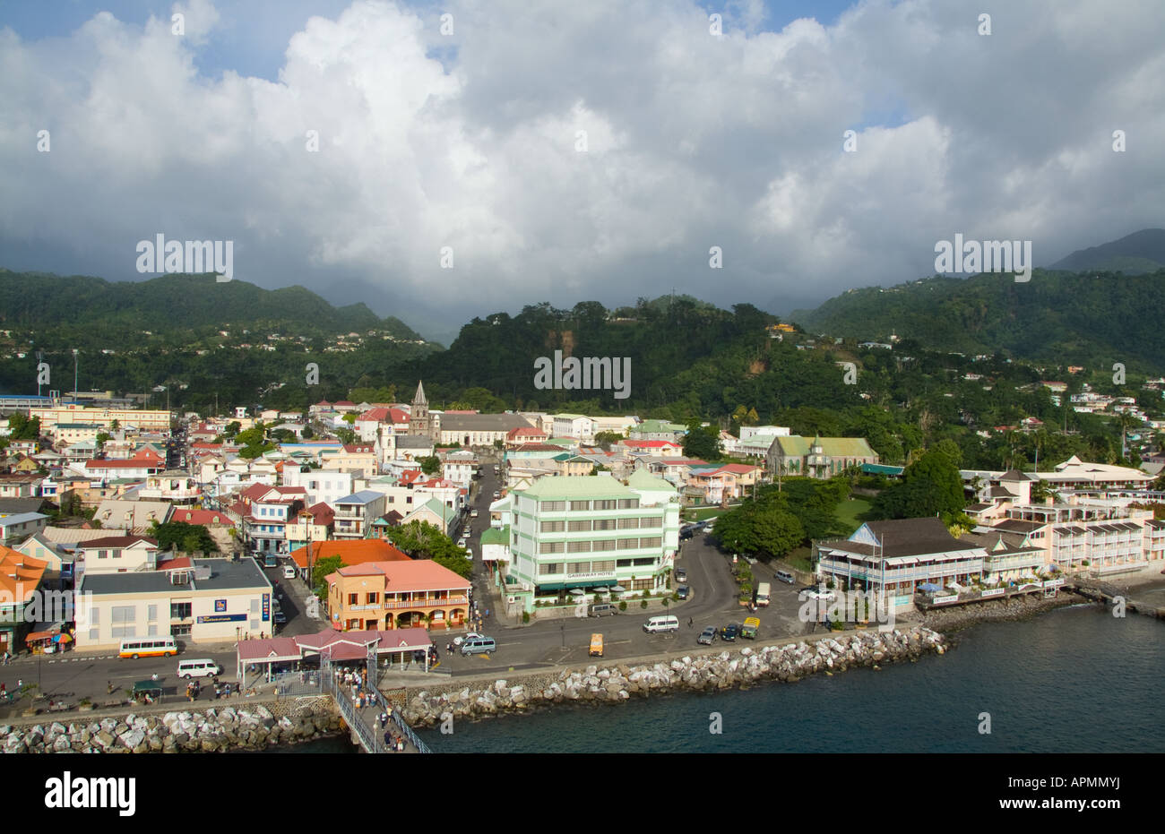 Modern port downtown of the capital city of Roseau in the country of ...