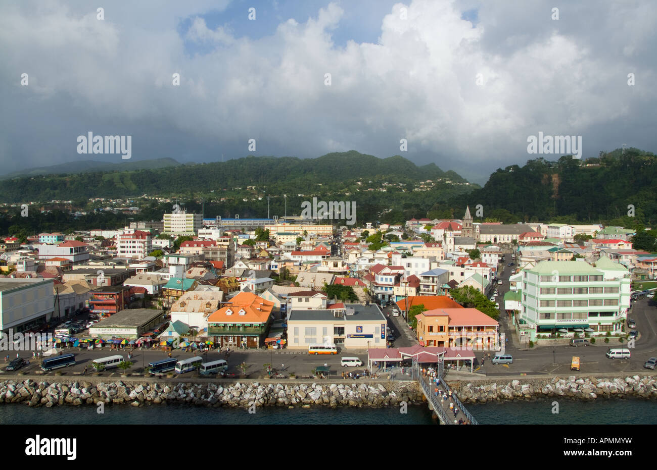 Modern port downtown of the capital city of Roseau in the country of ...