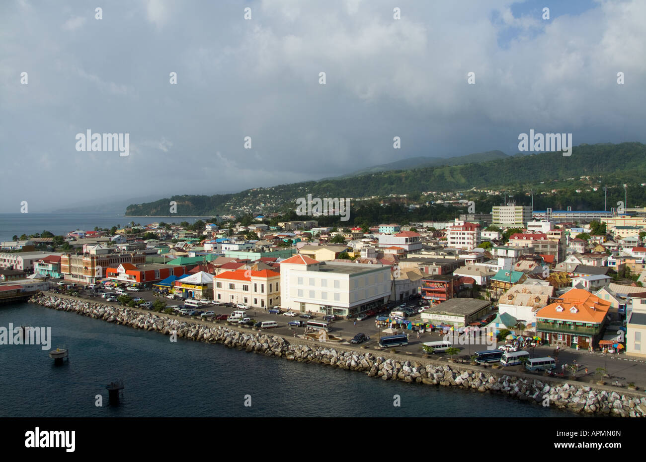 Modern port downtown of the capital city of Roseau in the country of ...