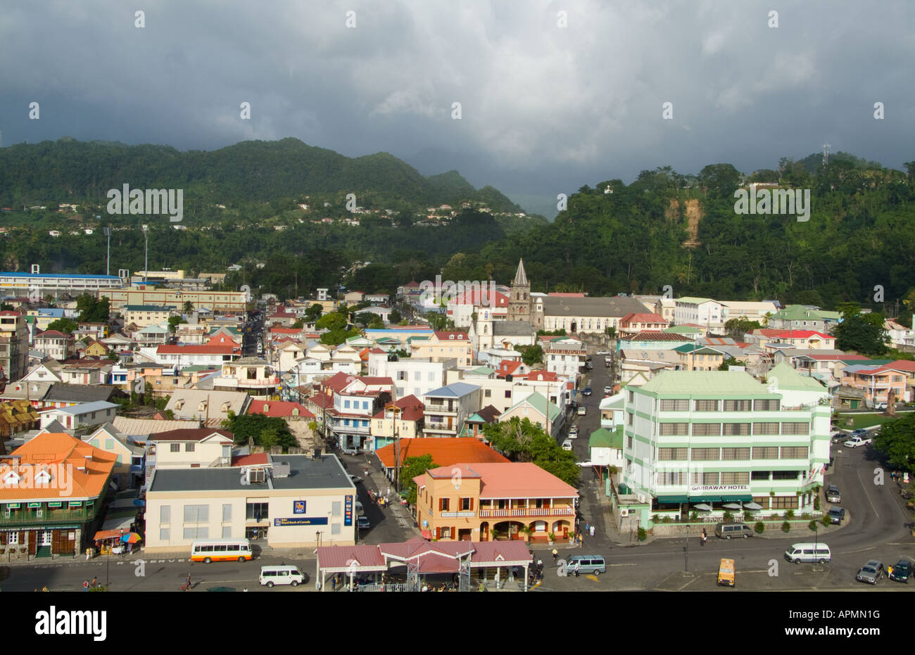 Modern port downtown of the capital city of Roseau in the country of ...