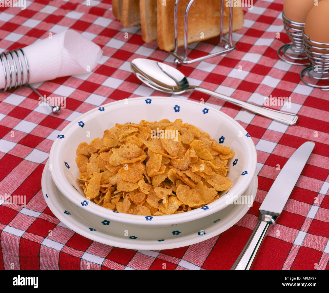 Breakfast Corn Flakes toast boiled eggs Stock Photo - Alamy
