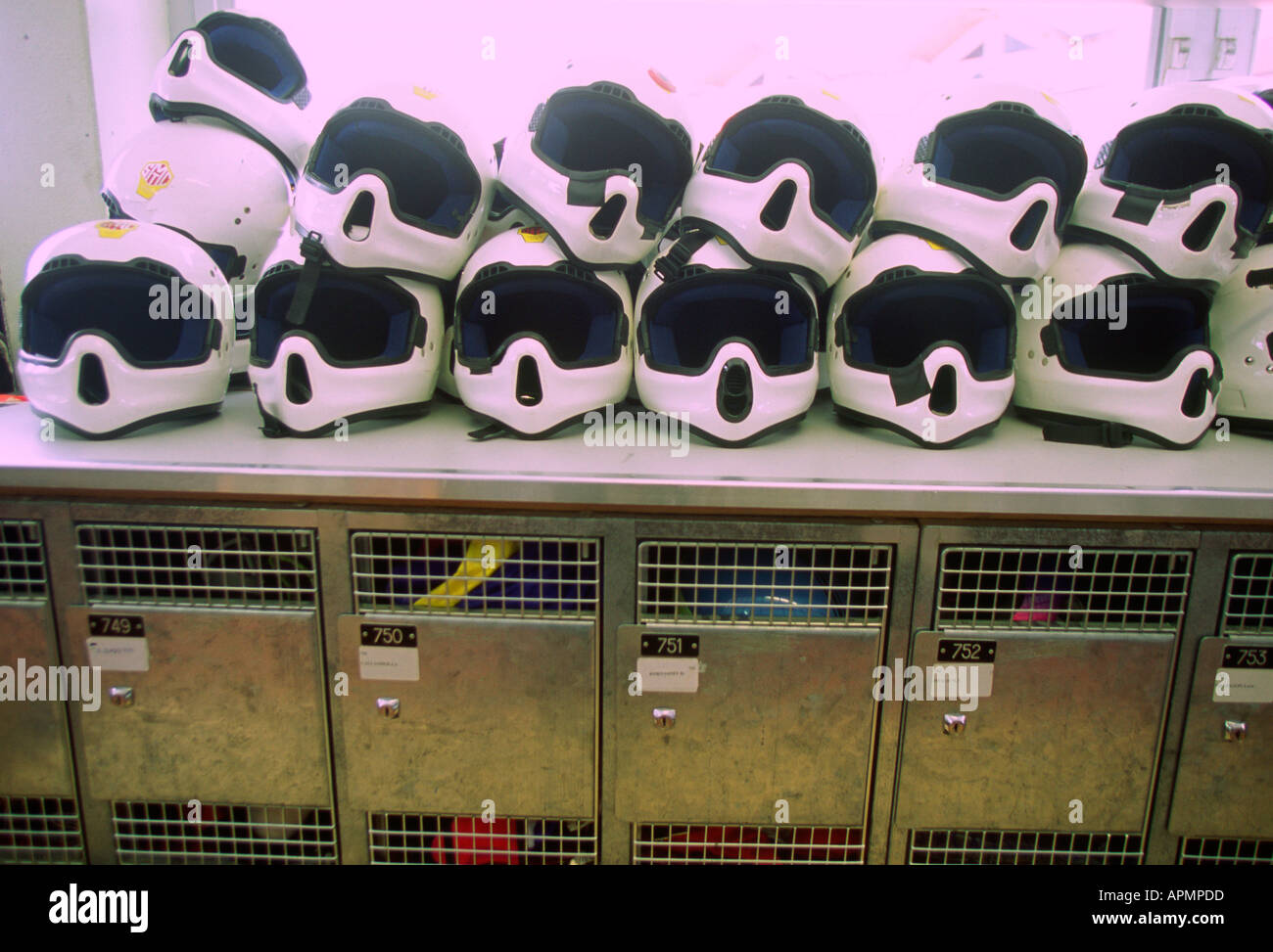 Crash helmets and storage lockets at the cresta run in St Moritz Stock ...