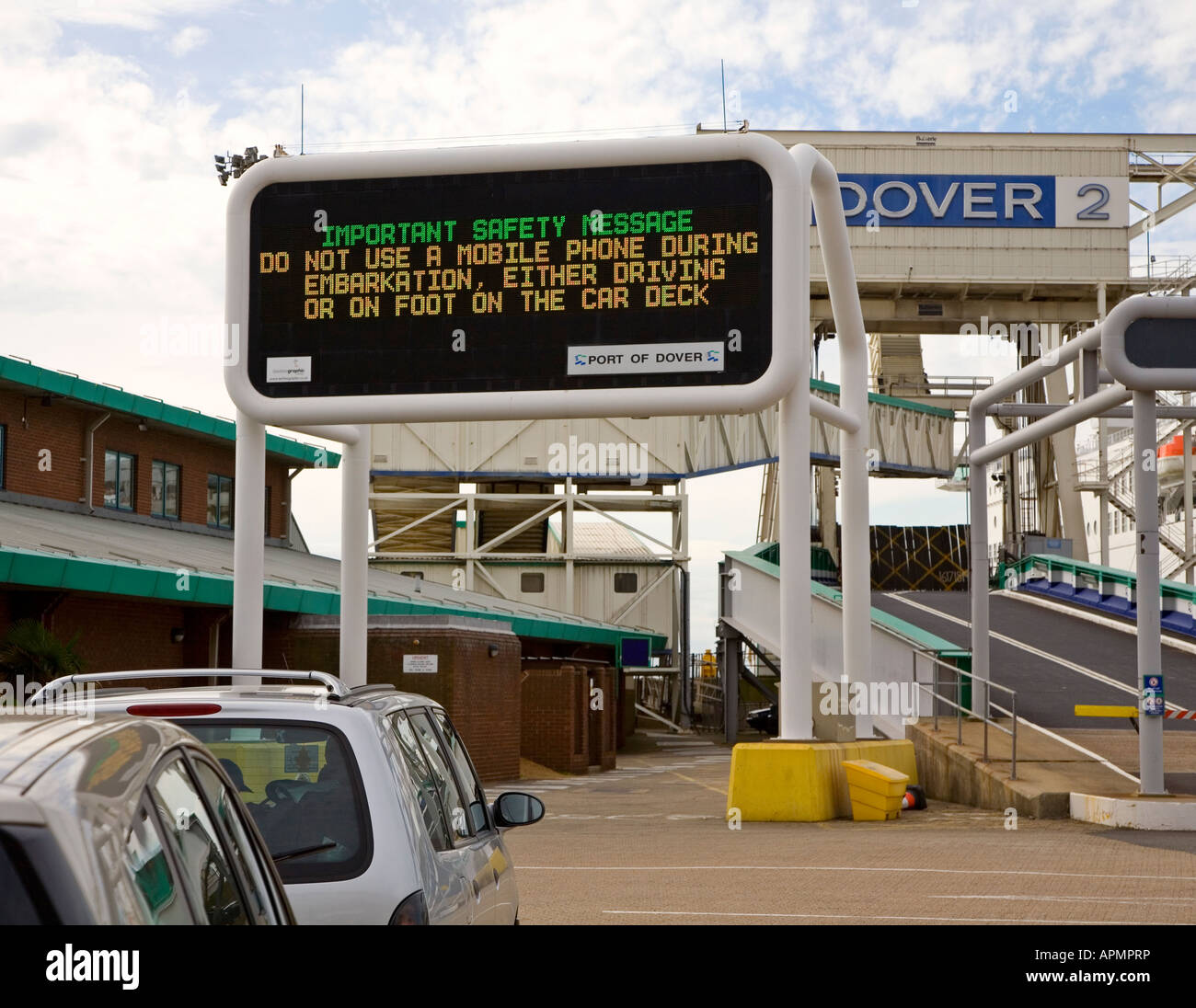 Warning sign not to use mobile phone while boarding ferr Dover England ...