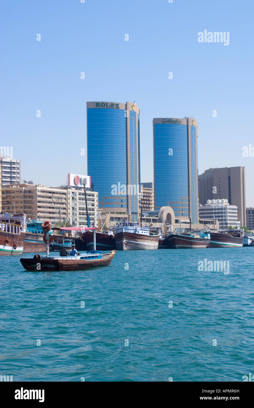 Twin Towers and Dhows, Dubai Creek, Dubai, United Arab Emirates Stock ...