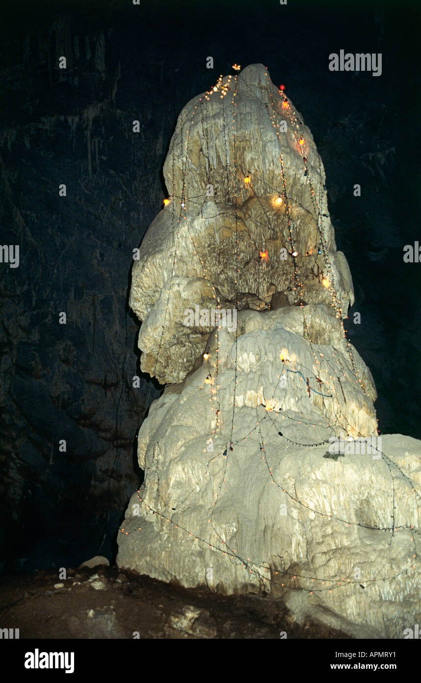 Detail of rock formations illuminated in one of the 16 vast cave ...