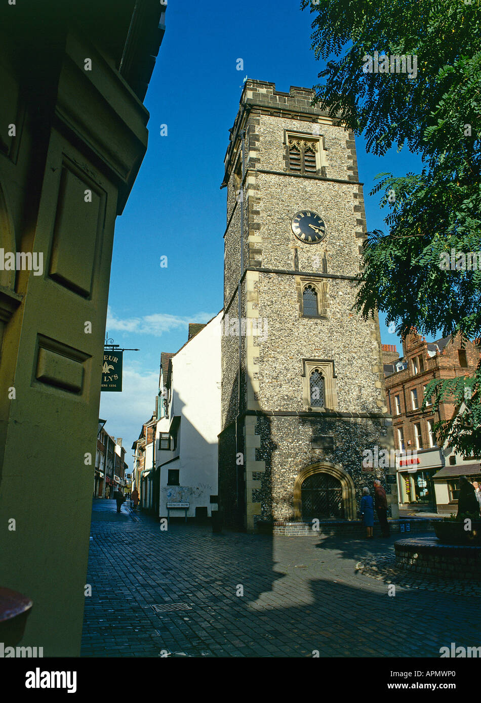 View along the narrow street of French Row with Bredon Clock Tower St ...