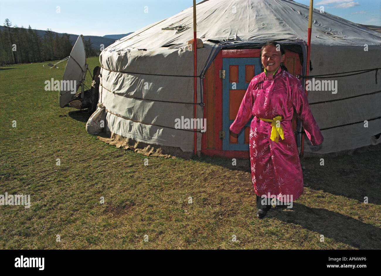 Mongolian girl near national dwelling yurt. Tsagaan Nuur somon. Brigade ...