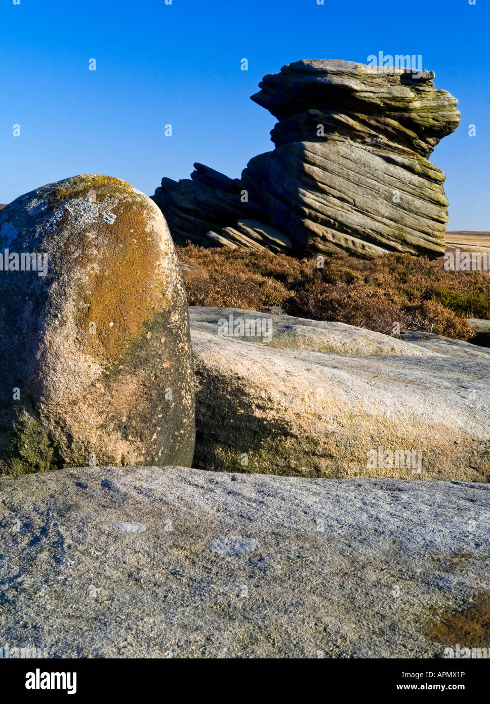 Close up view of rock formation on Hathersage Moor in the Peak District ...