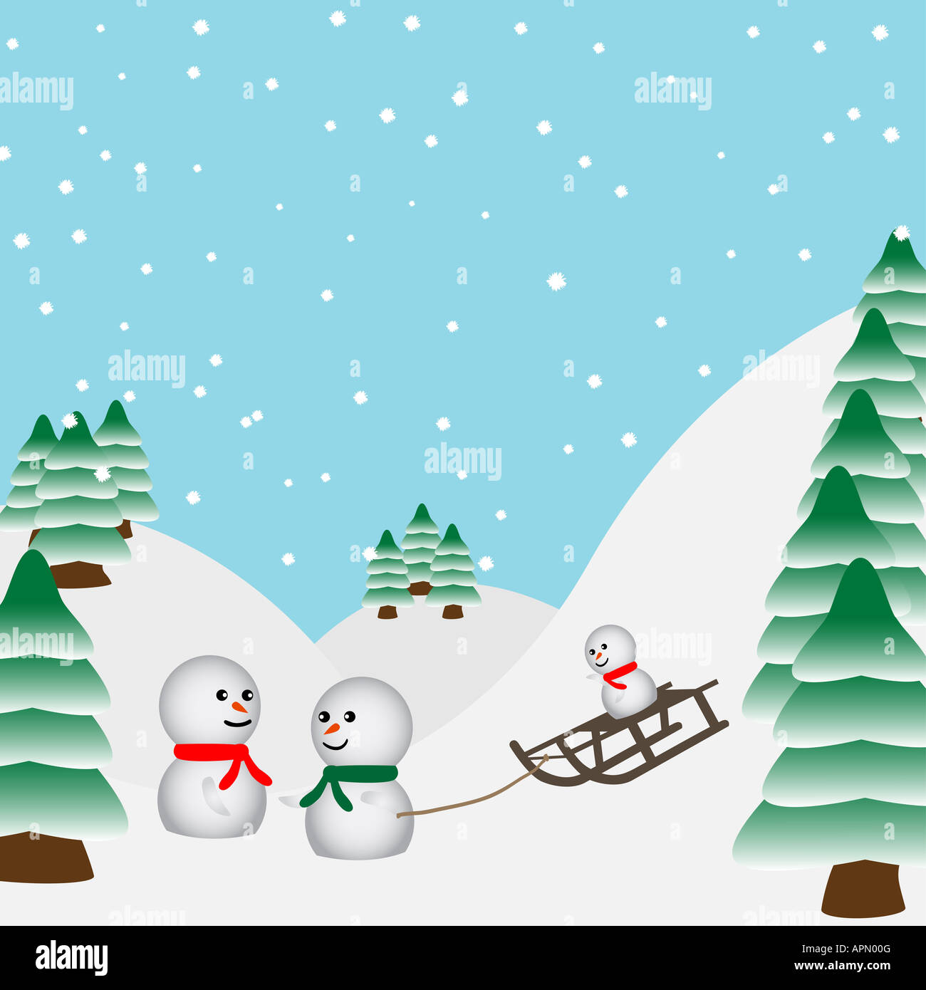 Snowmen family playing in the forest with a sled Stock Photo - Alamy