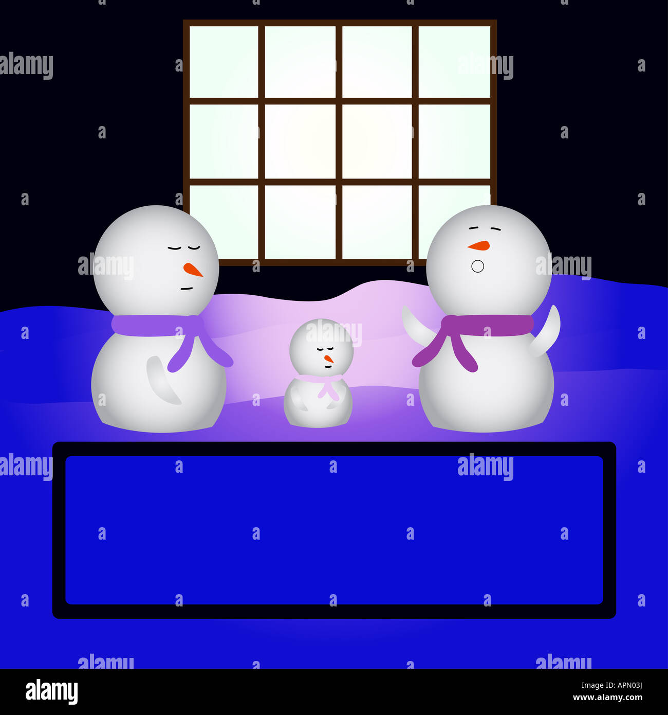 Family snowmen sleeping in front of a house Stock Photo - Alamy