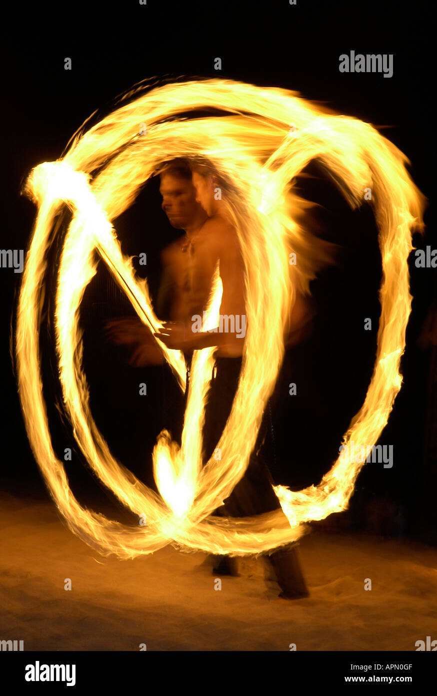 Fire twirler on Long Beach, Koh Lanta, Thailand Stock Photo - Alamy