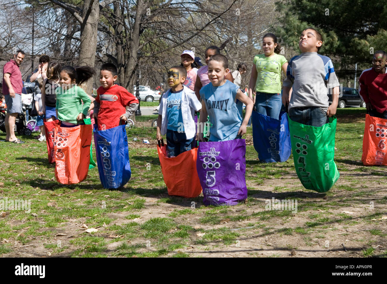 Children competing in a bag race in Prospect Park Brooklyn NY Stock ...