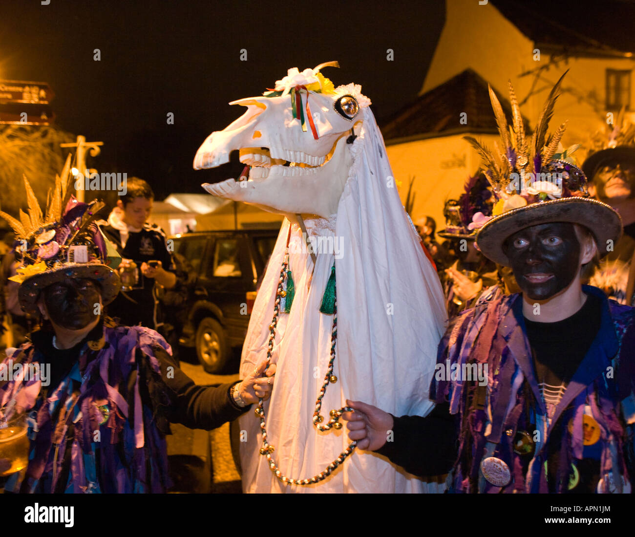 The Welsh Mari Lwyd stands on the bridge to meet the English Wassailers ...
