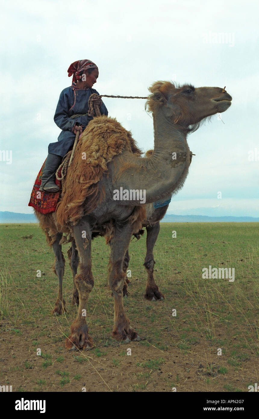 Portrait of woman riding on camel. Boorog Deliin Els Desert. Uvs aimag ...