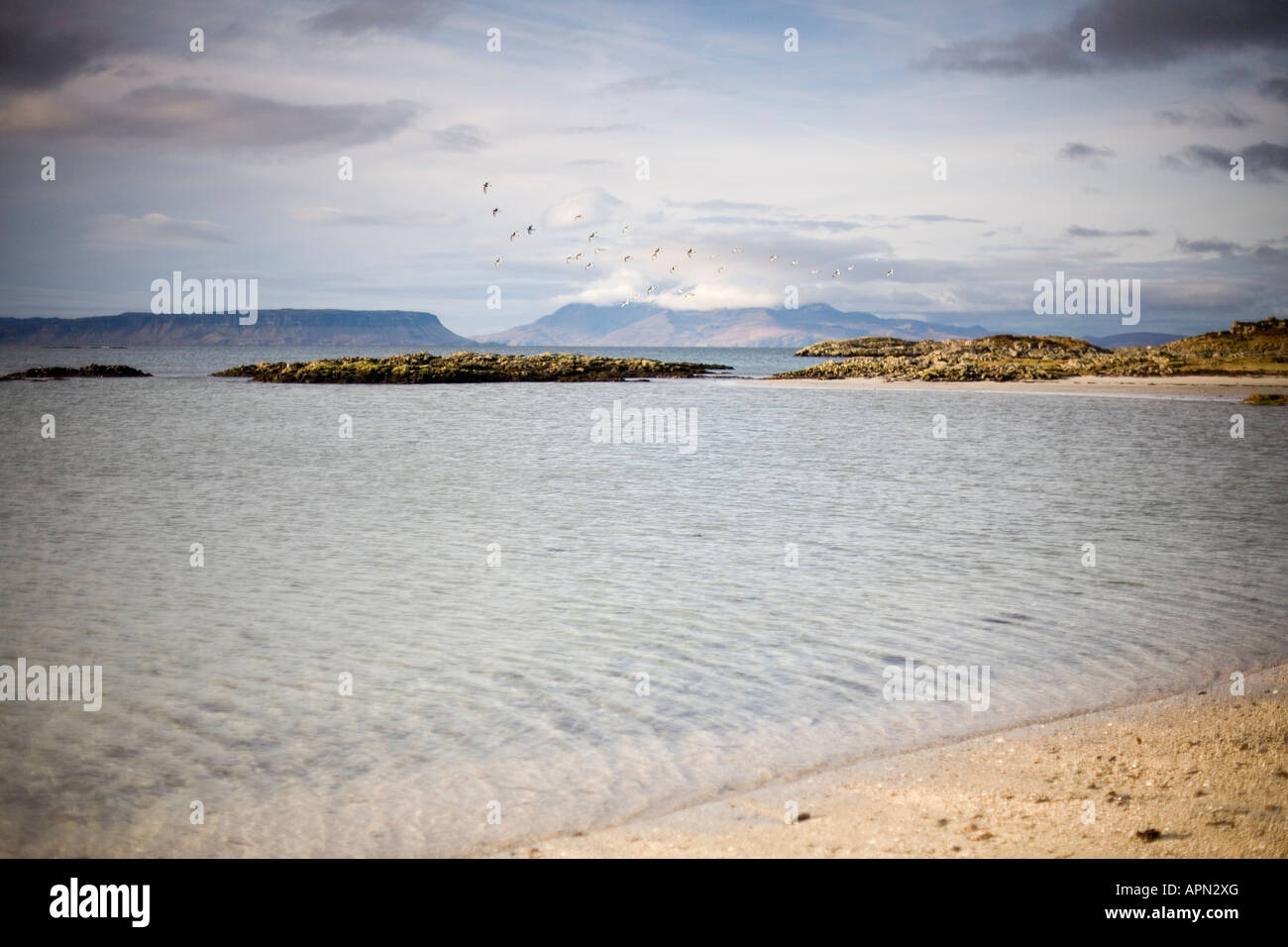View to the Islands of Eigg and Rhum from Traigh beach, nr Arisaig ...
