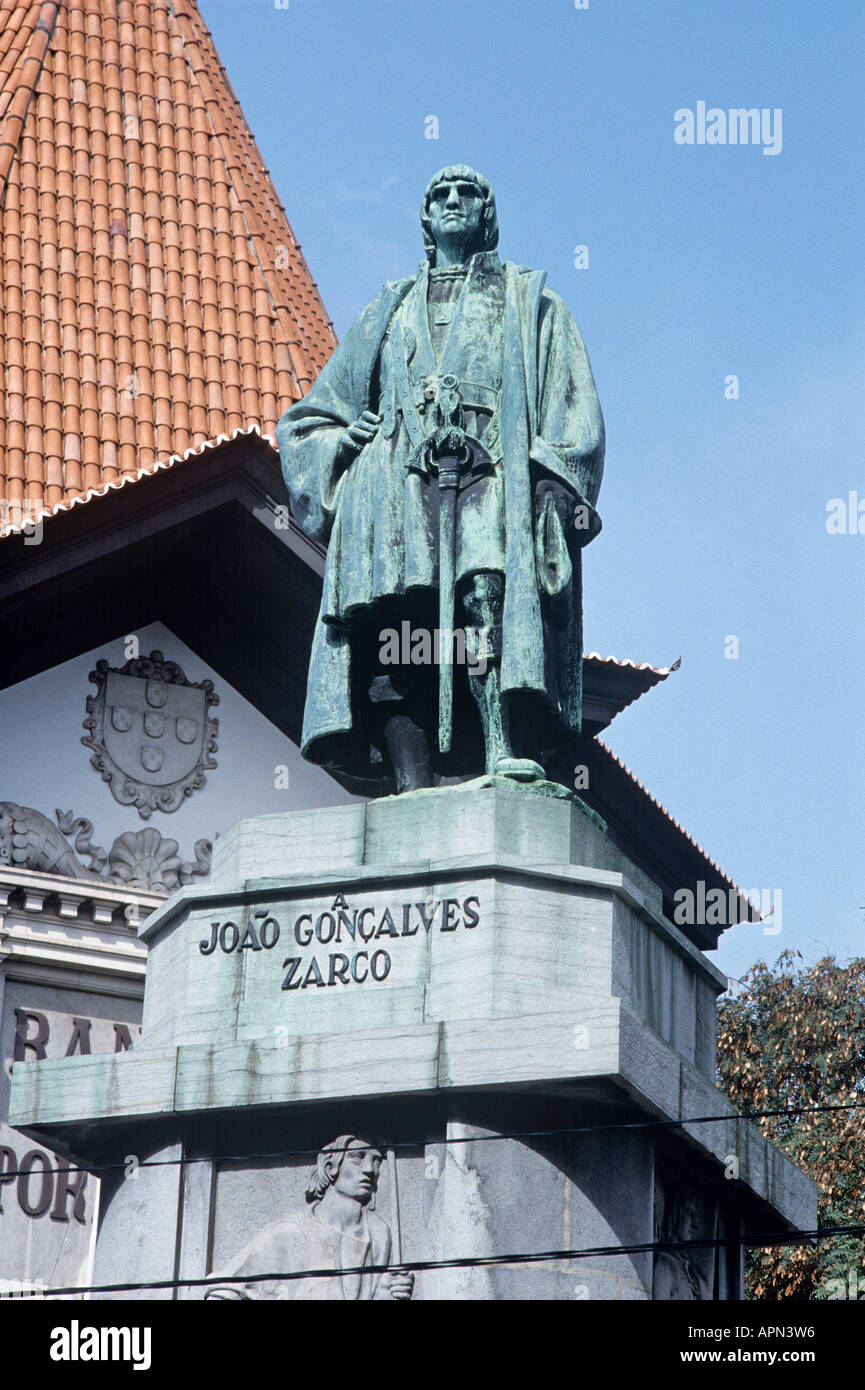 A bronze statue of the Portuguese adventurer Joao Goncalves Zarco ...
