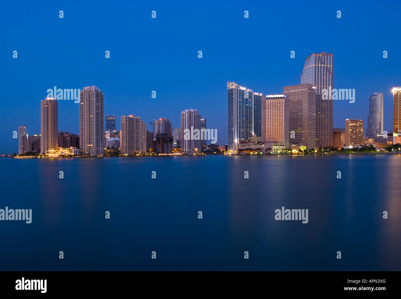 Just before a blue dawn Biscayne Bay reflects high rise buildings Miami ...