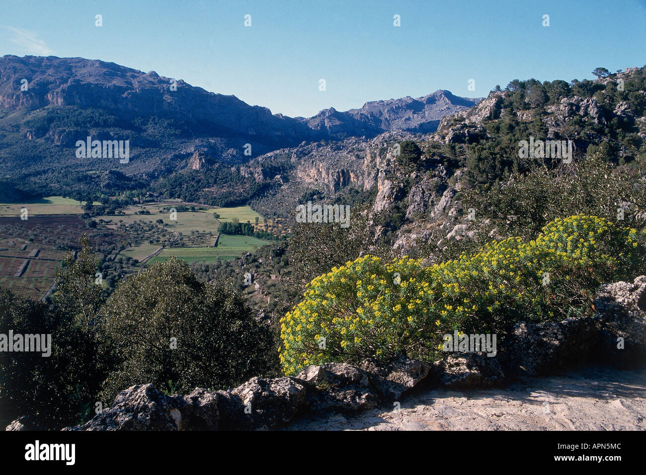 Looking out over the valley from the pilgrims footpath which winds its ...