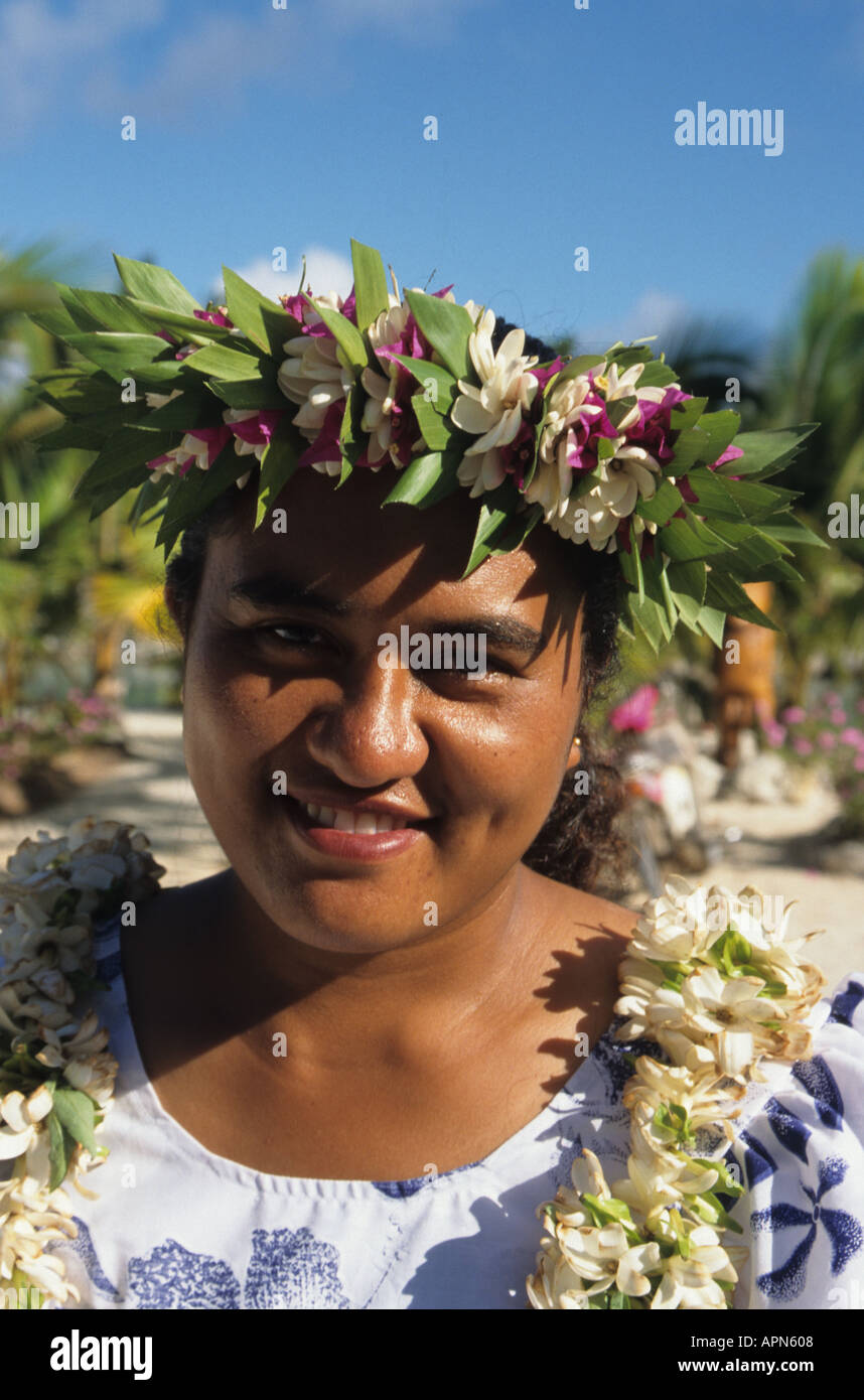 Woman with garland of flowers in Aitutaki island Cook Islands Stock ...
